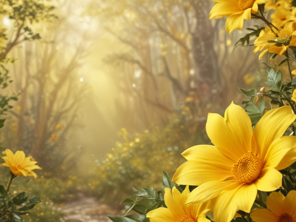 Sunlit Forest Pathway Surrounded by Vibrant Yellow Flowers in Bloom