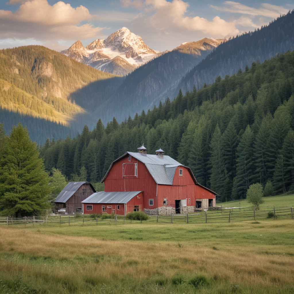 farm with barn and mountains and evergreen forest in the background