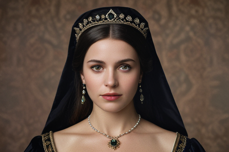 realistic and powerful photo of queen Anne Boleyn in real life, olive ...