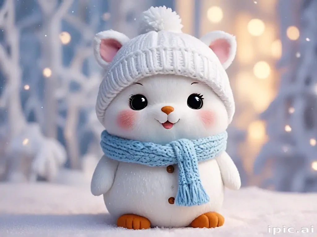 Adorable Winter Character in a Cozy Hat and Scarf Surrounded by Snow
