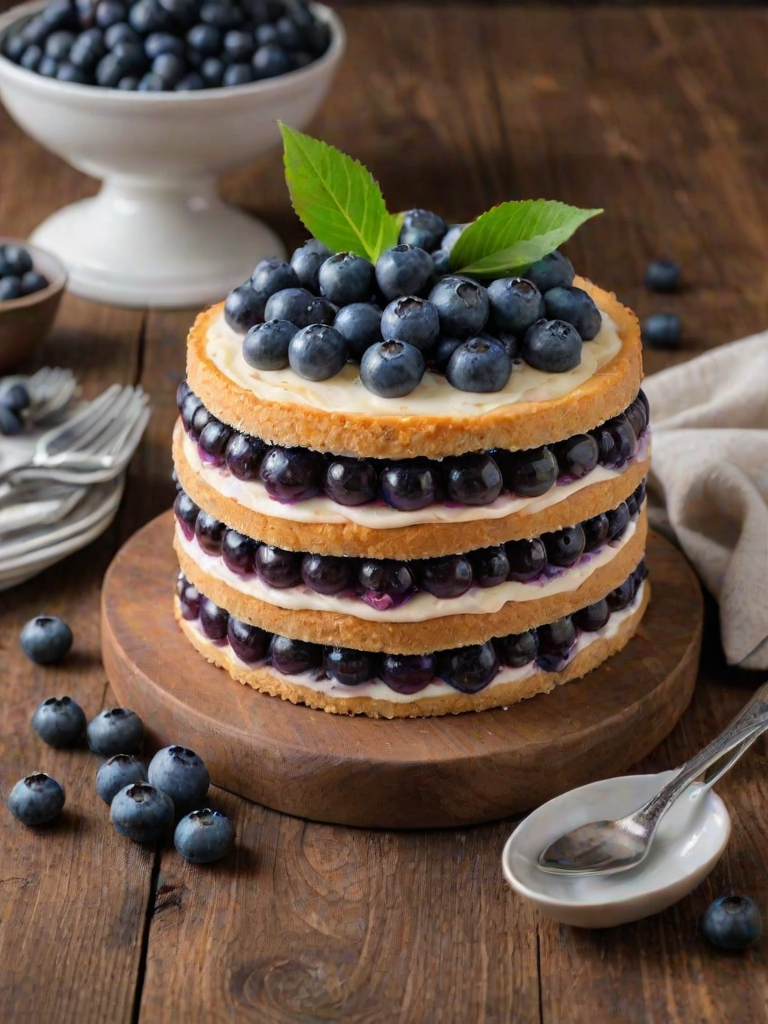 A Deliciously Layered Blueberry Cake Topped with Fresh Berries and Cream.