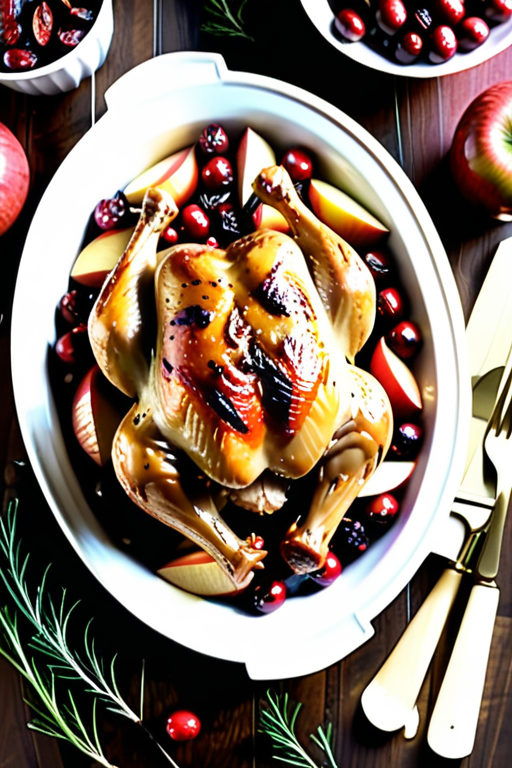 Deliciously Roasted Chicken Surrounded by Apples and Cranberries on a ...