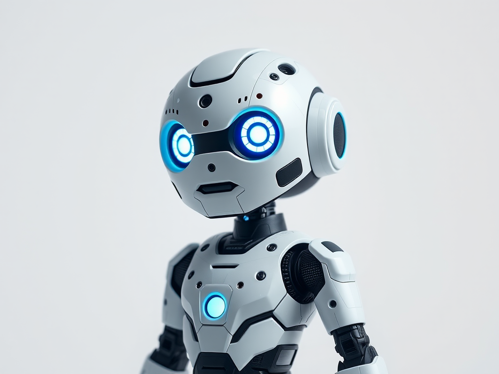 Create a highly detailed image of a cute, futuristic robot with glowing ...