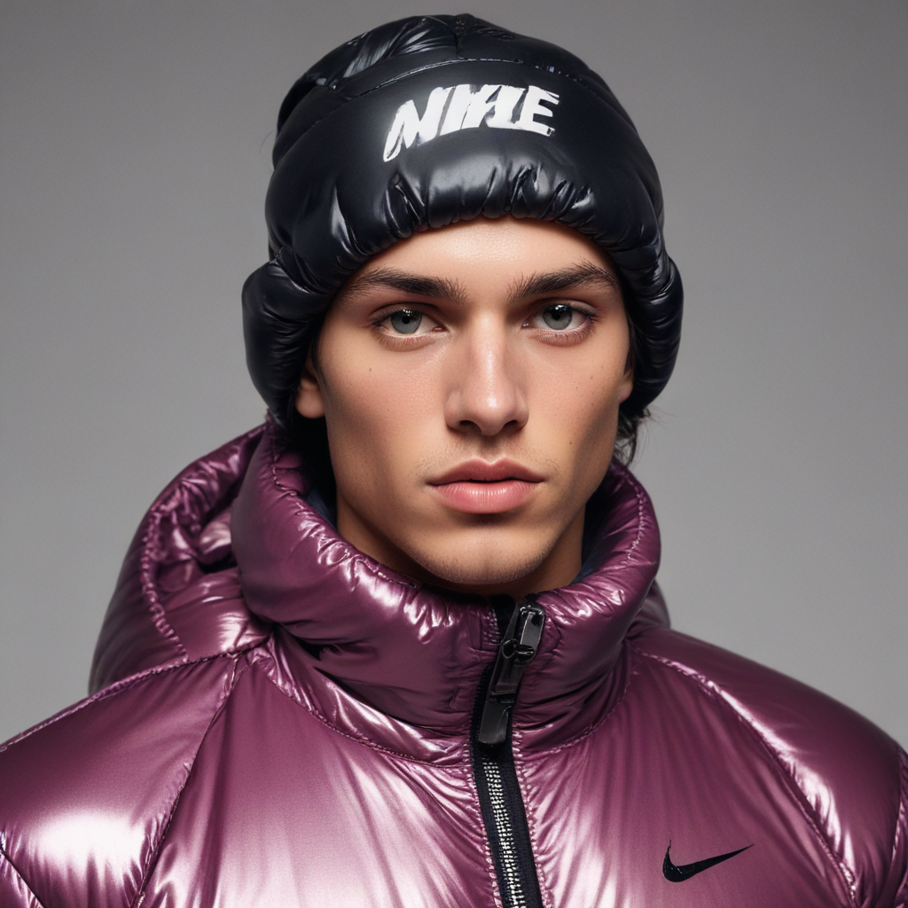 Male supermodel nike shiny puffer jacket bling jewellery hood headband