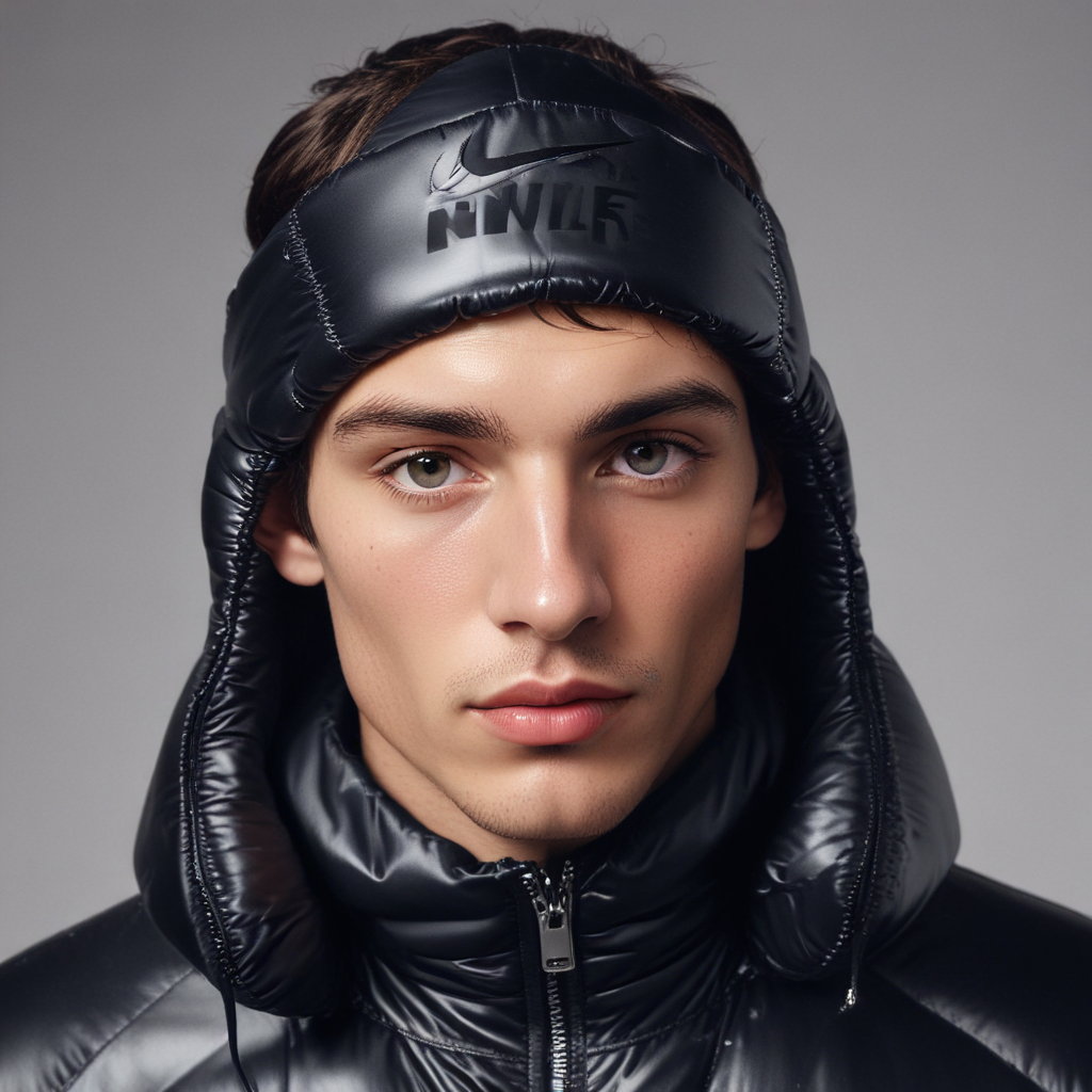 Male supermodel nike shiny puffer jacket bling jewellery hood headband
