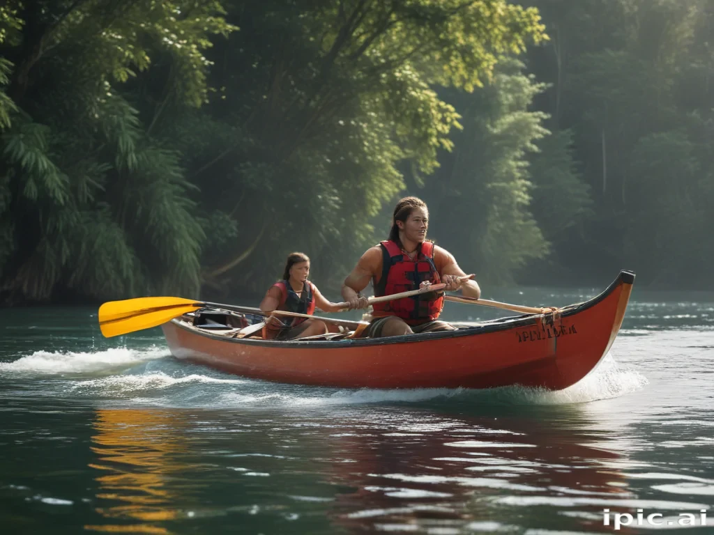 Adventurous Duo Canoeing Through Lush Green Wilderness on a Sunny Day
