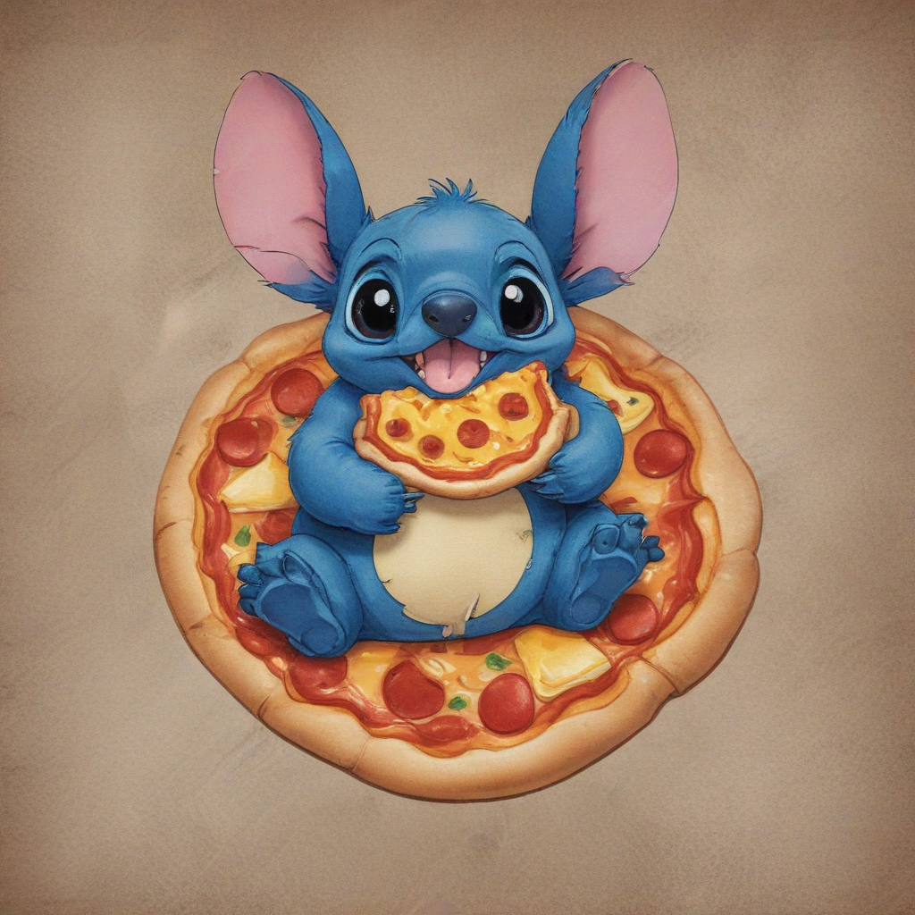 stich sitting on the piece of pizza logo , Disney painting style