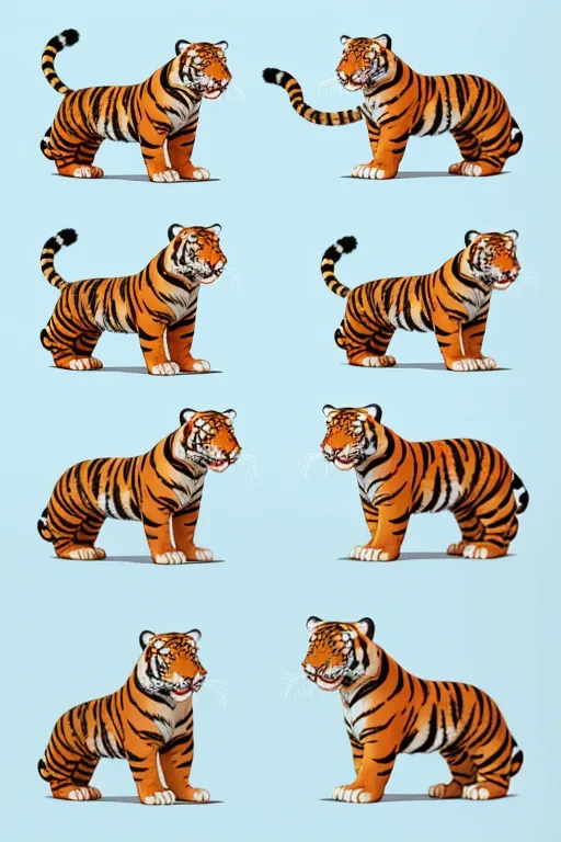 Colorful Illustration of Tigers in Various Poses and Expressions on ...