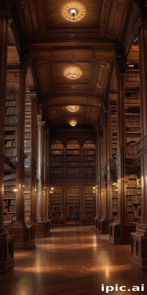 A Majestic Library Interior with Elegant Woodwork and Endless Bookshelves.