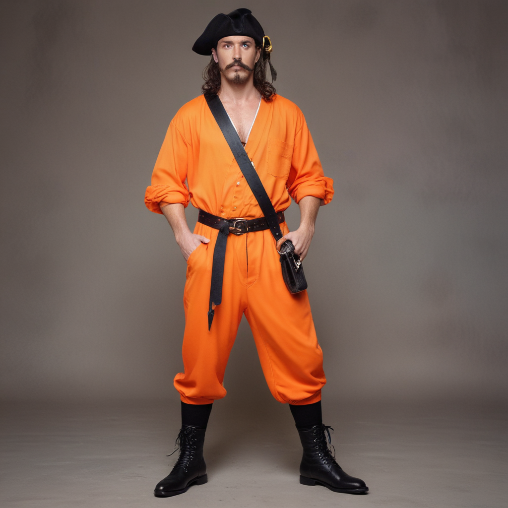 Pirate with a peg leg and a hook in an orange jumpsuit