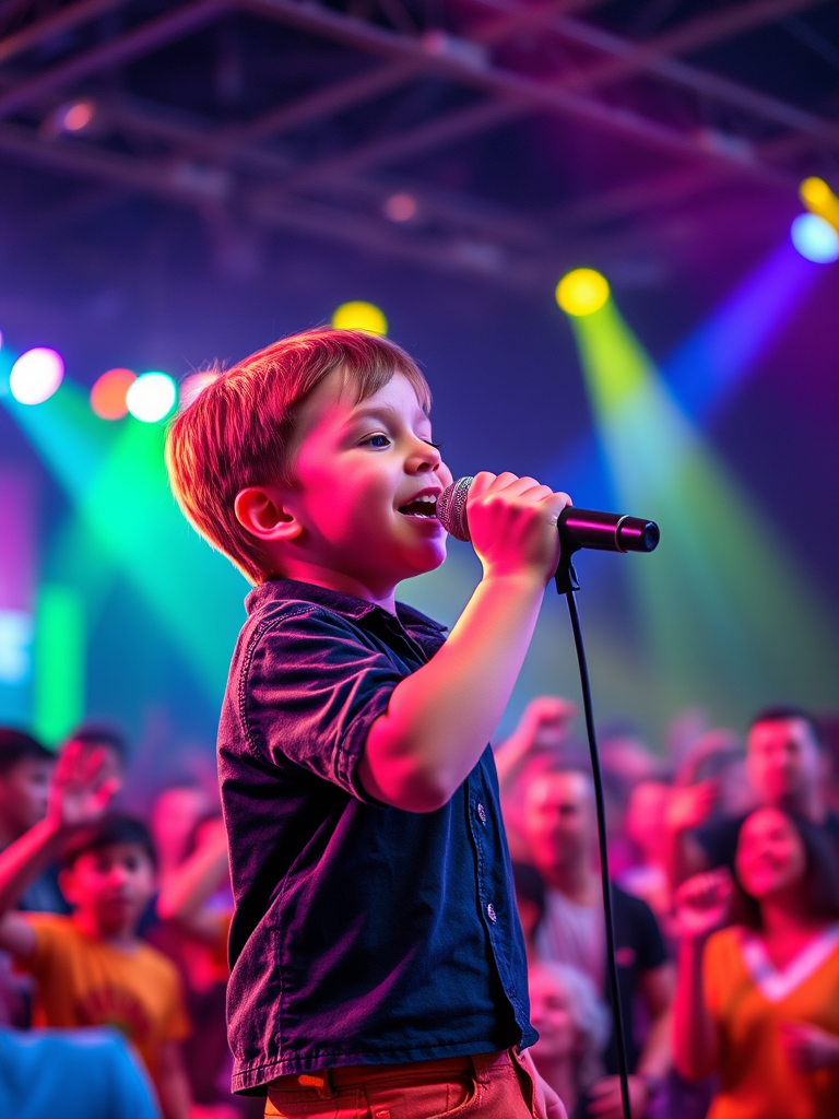 A young boy singing passionately on stage with a microphone, surrounded ...