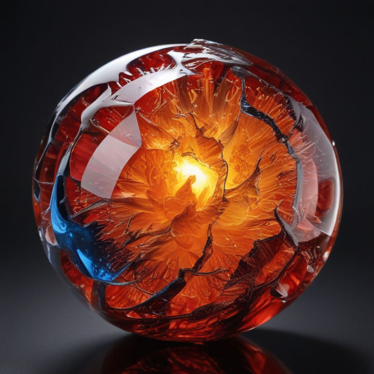 Stunning Glass Orb with Fiery Orange Core Surrounded by Vibrant Colors