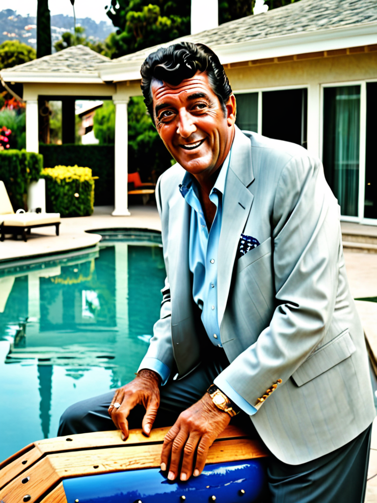 Dean Martin is very far away we can barley see him, he is on a raft in ...