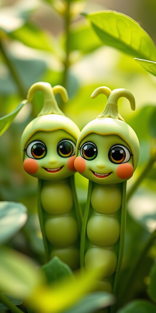Two Adorable Cartoon Peas Smiling Cheerfully Among Lush Green Leaves