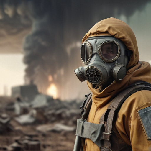 A guy with an hazmat suit and a gas mask with a post apocalyptic background