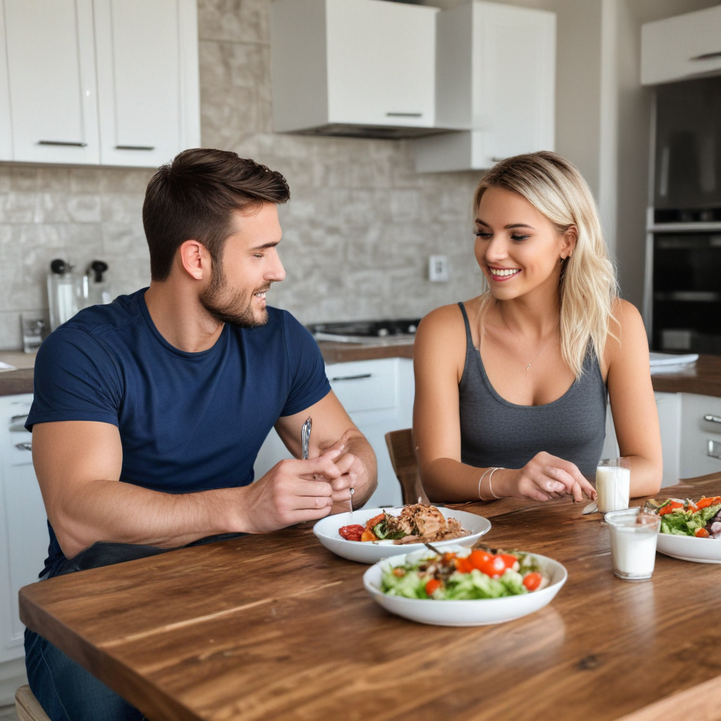 kitchen couple sitting eating