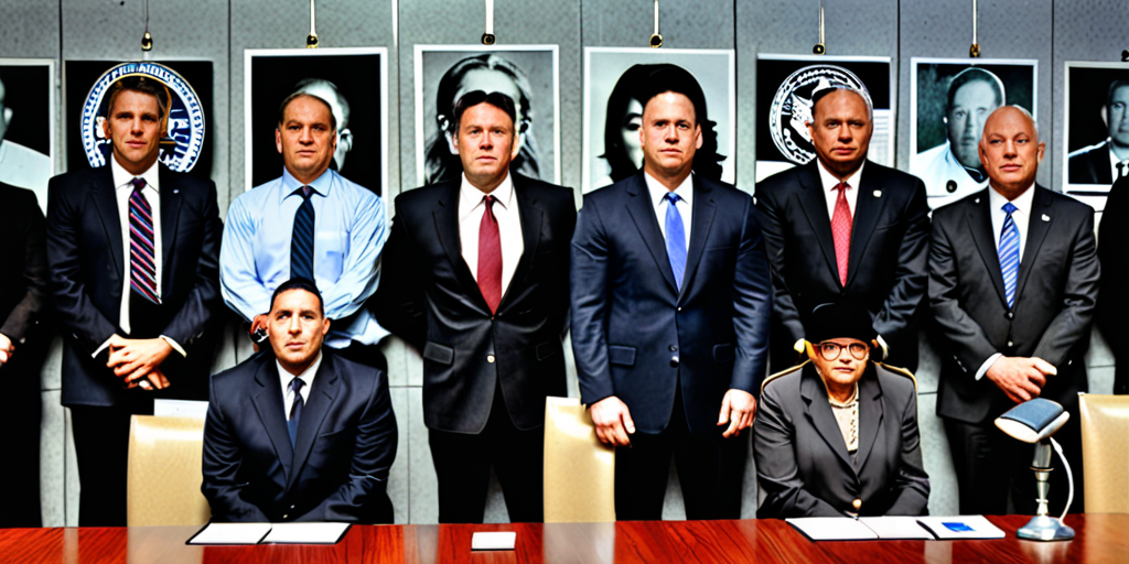 FBI team posing in front of a wall full of photos of famous criminals