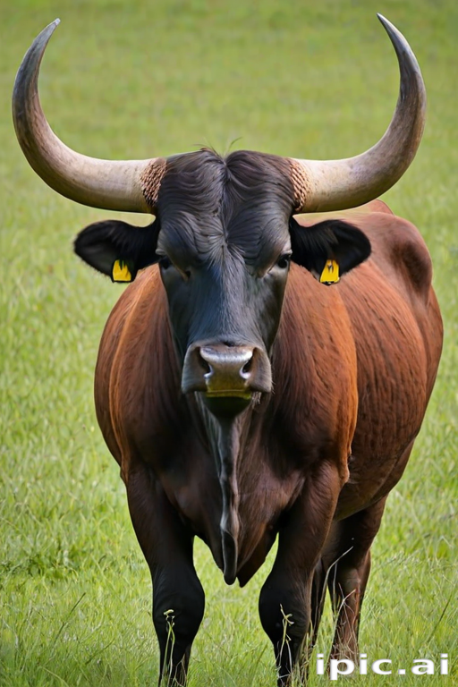 A Majestic Brown Bull with Impressive Horns Grazing in a Green Field.