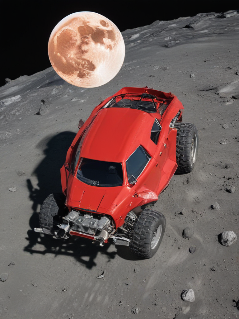a car driving on the moon. The car is red. the moon surface is grey