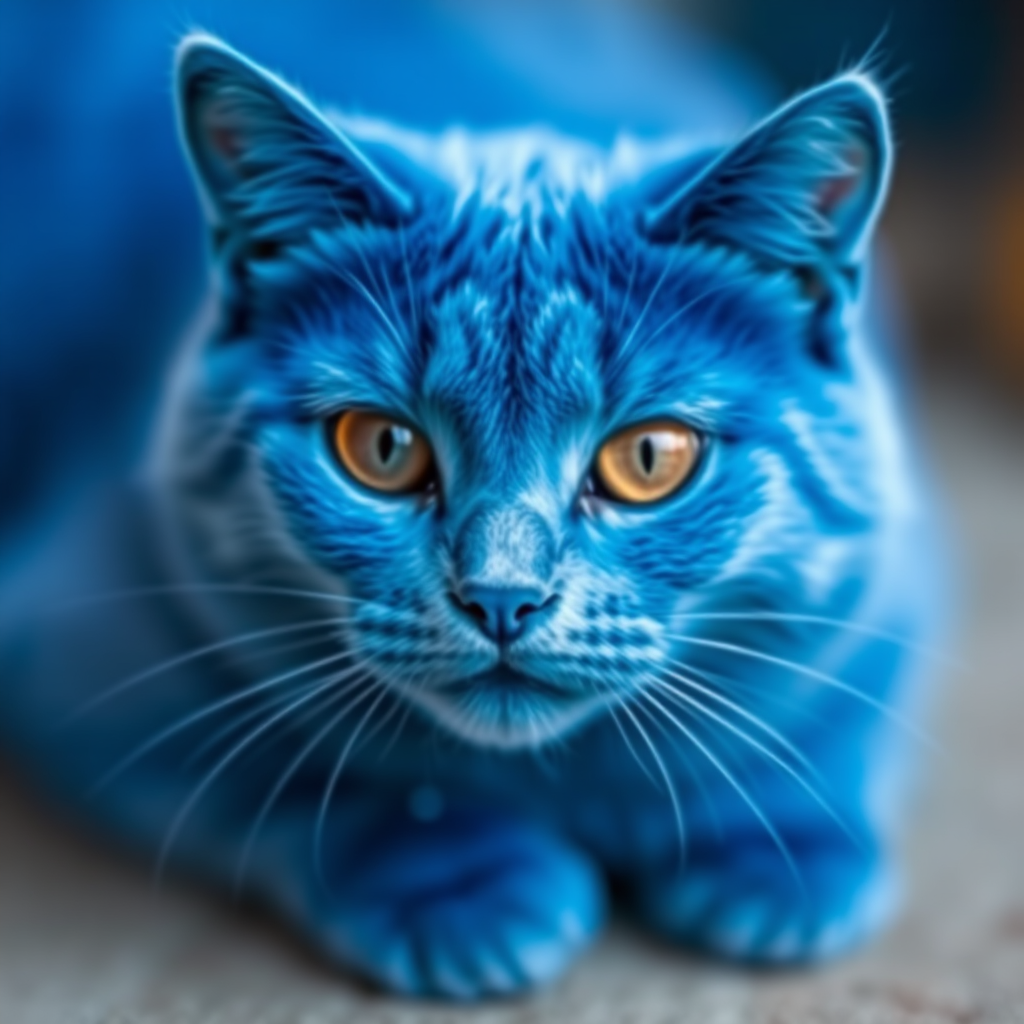 A Striking Blue Cat with Captivating Golden Eyes in Soft Focus.