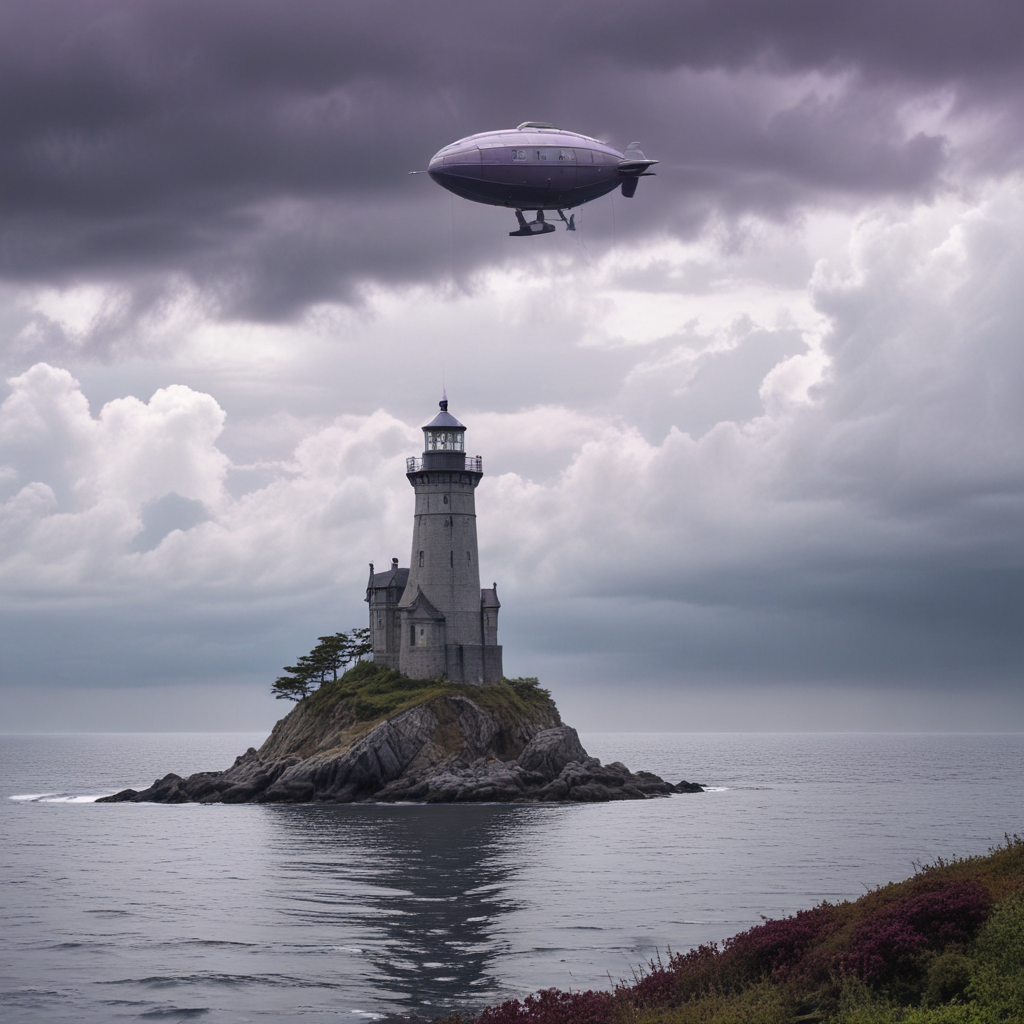 gray airship sailing on a cloudy sky above a lighthouse that is purple ...