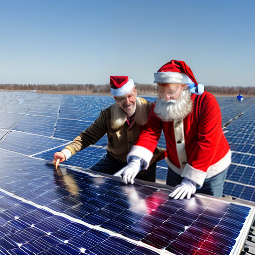 santa clause putting solar panels on rooftop with cheminey
