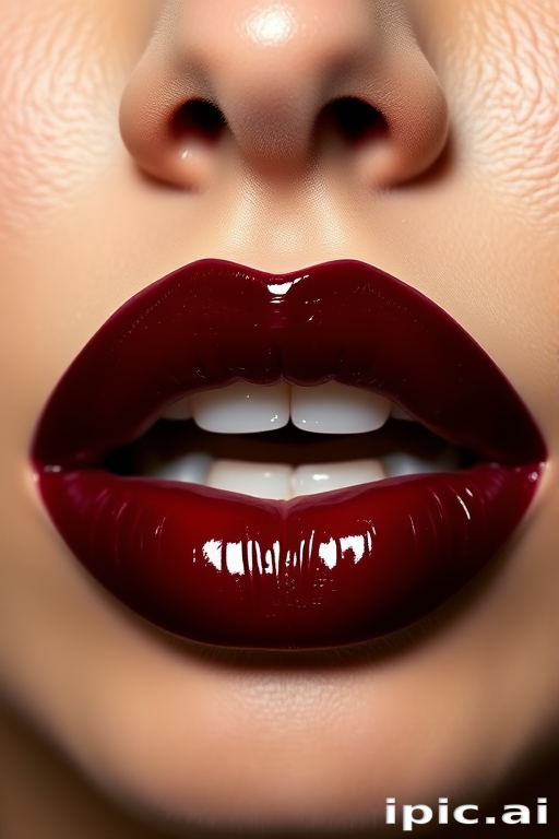 Close-Up of Glossy Deep Red Lips with Perfectly White Teeth Smiling