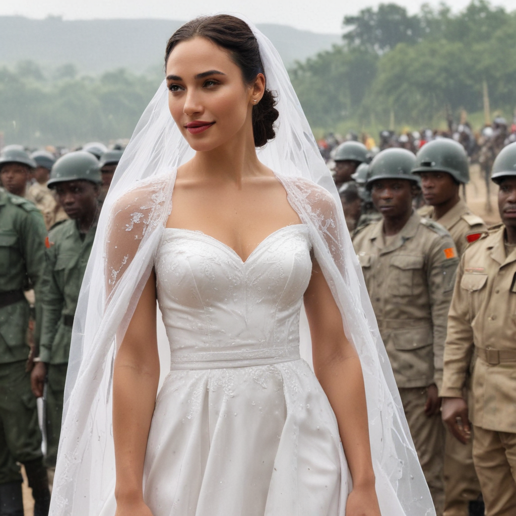 Raining Gal gadot bride next to crowded nigerian army