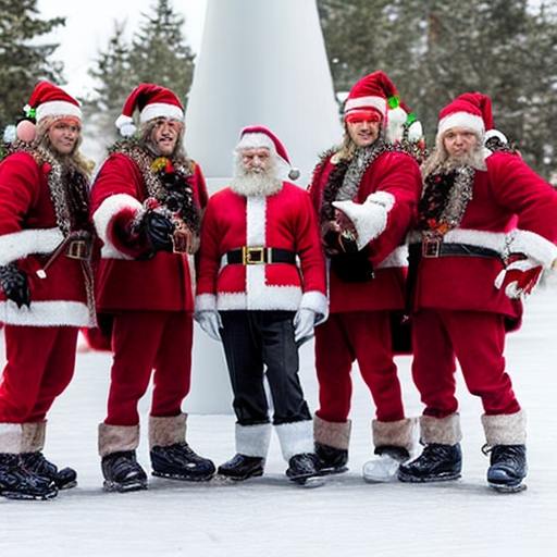 santa with elves and reindeer exercise in freezing north pole