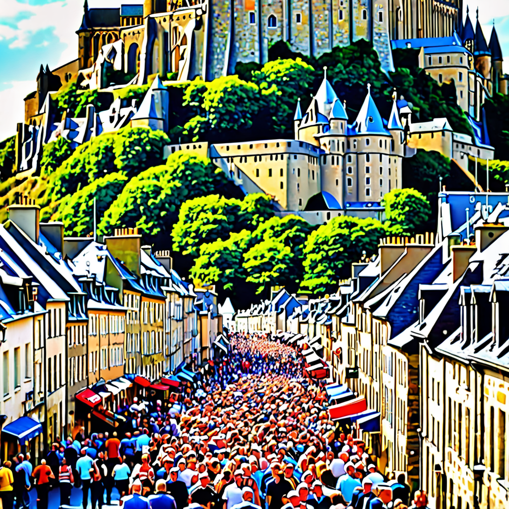 Totally overcrowded Mont Saint-Michel (France) street, with thousands ...
