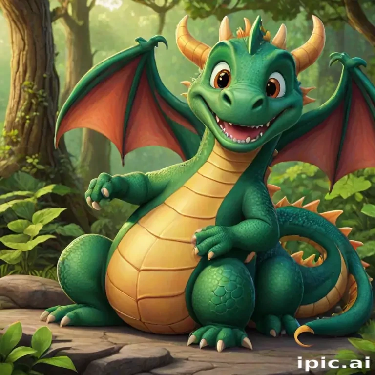 Friendly Cartoon Dragon Smiling Happily in a Lush Forest Setting