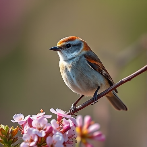 Capture a close-up of a small bird perched on a flowering branch, using ...