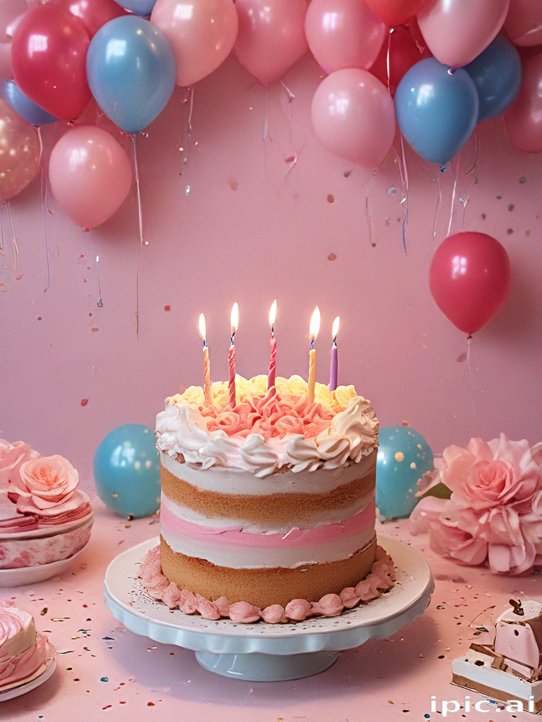 Delightful Pink-Themed Birthday Cake Surrounded by Colorful Balloons ...