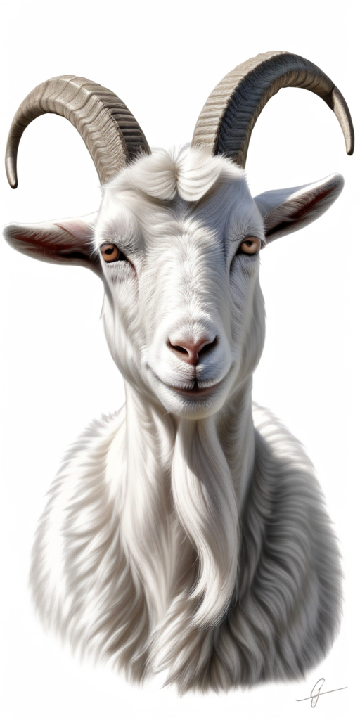 Majestic White Goat with Impressive Horns and Luxurious Fur Details