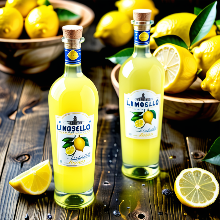 Refreshing Limoncello Bottles Surrounded by Fresh Lemons and Citrus Leaves