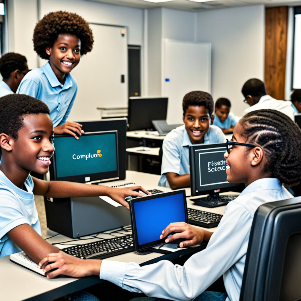 black students enjoying computer science lesson.