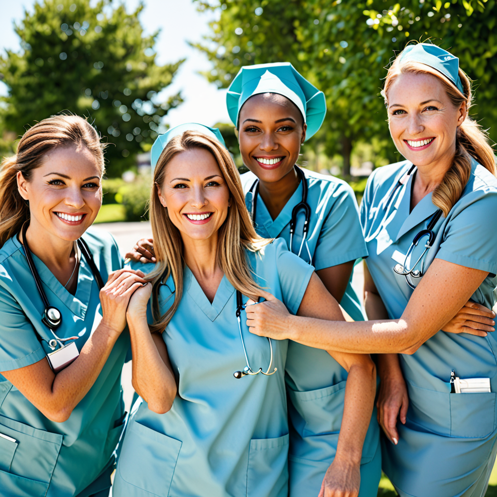 a group of nurses outside smiling on a sunny day