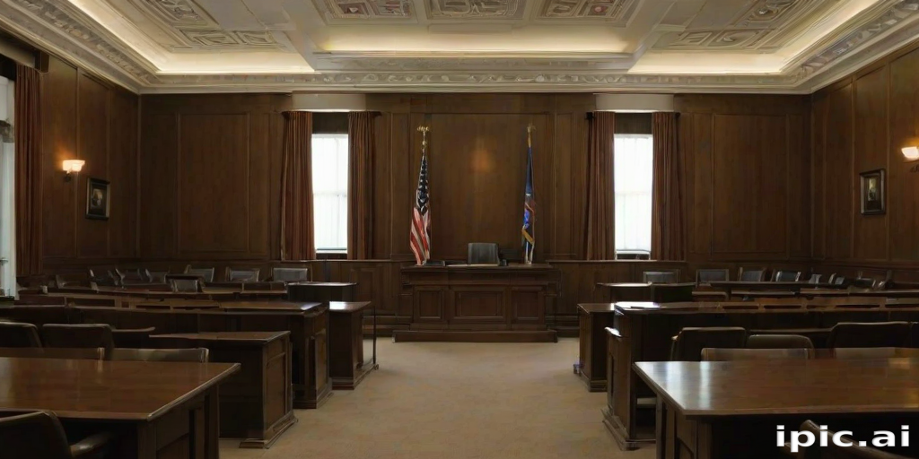 Interior View of a Traditional Courtroom with Flags and Wooden Furnishings