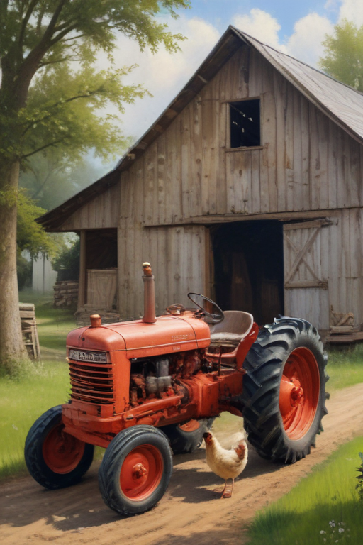 a vintage tractor outside an old barn with a dog and chickens oil painting