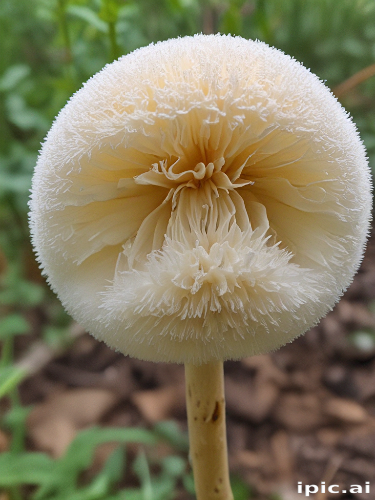Close-Up of a Unique, Fluffy Mushroom Growing in Nature's Greenery