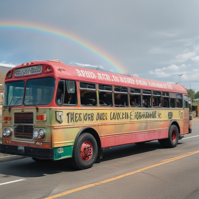 A crazy multi-colored bus filled with racially diverse people smoking ...
