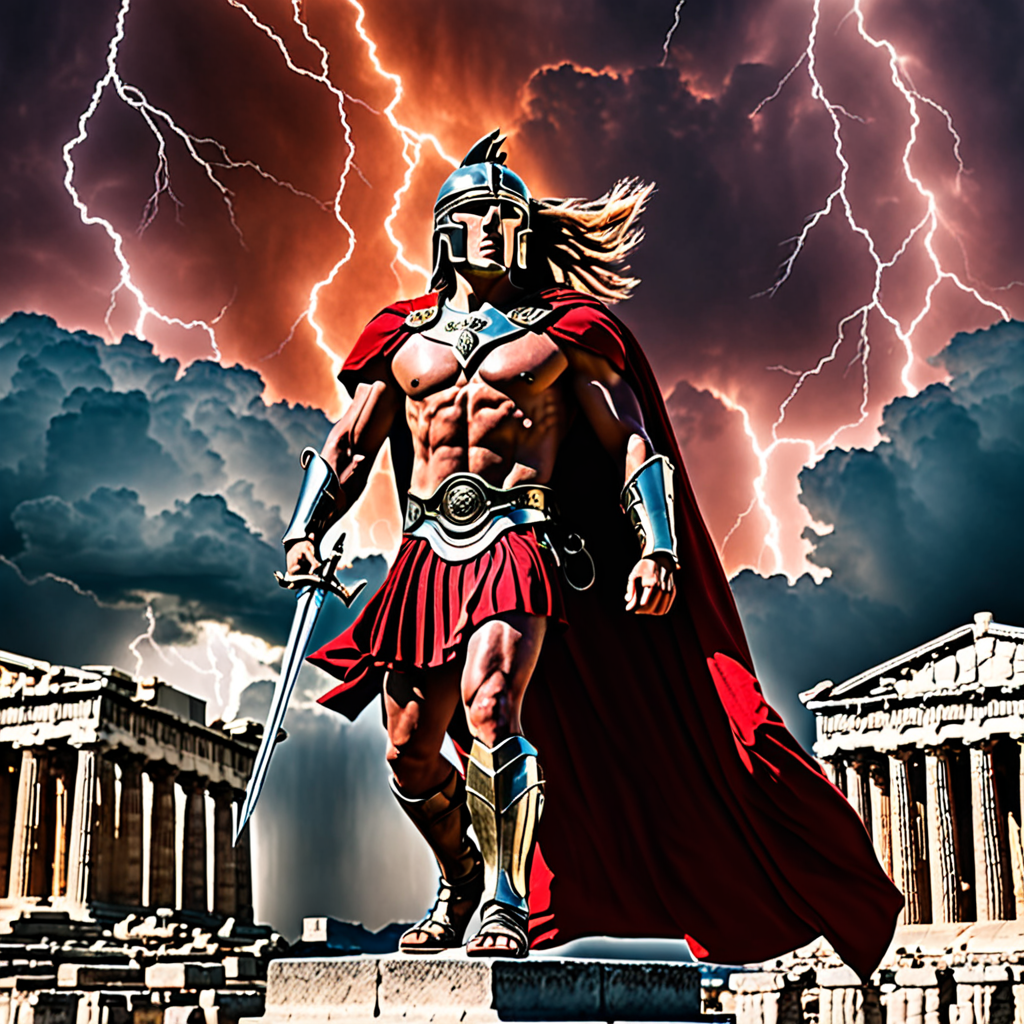 an ancient Spartan warrior with long hair with red cloak, in the style ...