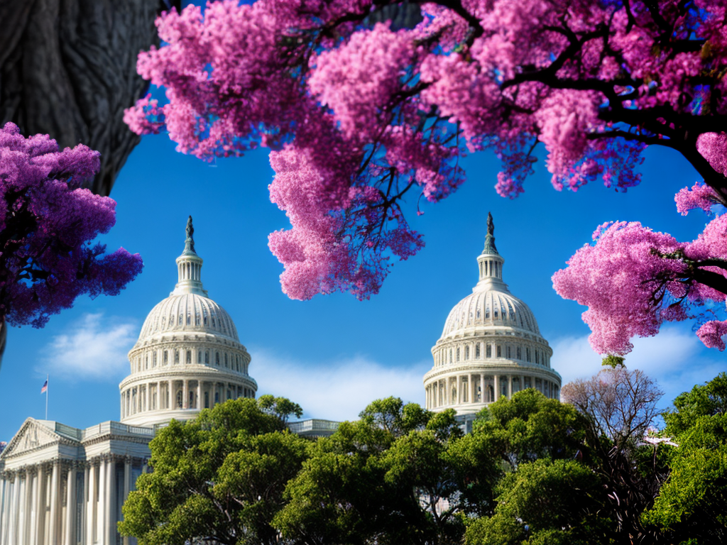 A detailed image of the united states capitol building with a jacaranda ...