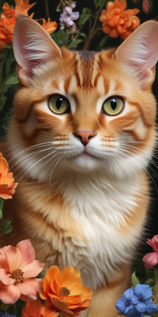 A Majestic Ginger Cat Surrounded by Vibrant Blossoms in Nature