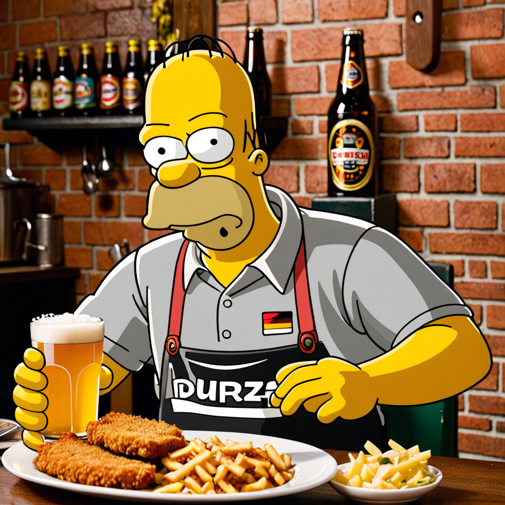 German Homer Simpson savors a traditional meal of schnitzel and ...