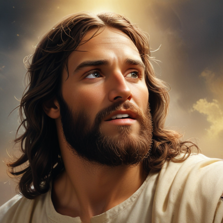 Radiant Portrait of a Compassionate Figure Gazing Toward the Heavens