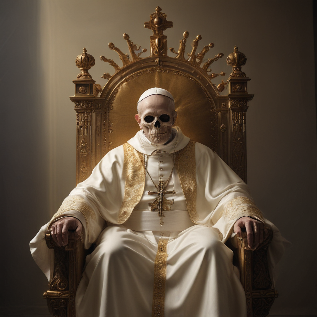 Pope with a skull face sitting on a golden catholic throne dramatic light