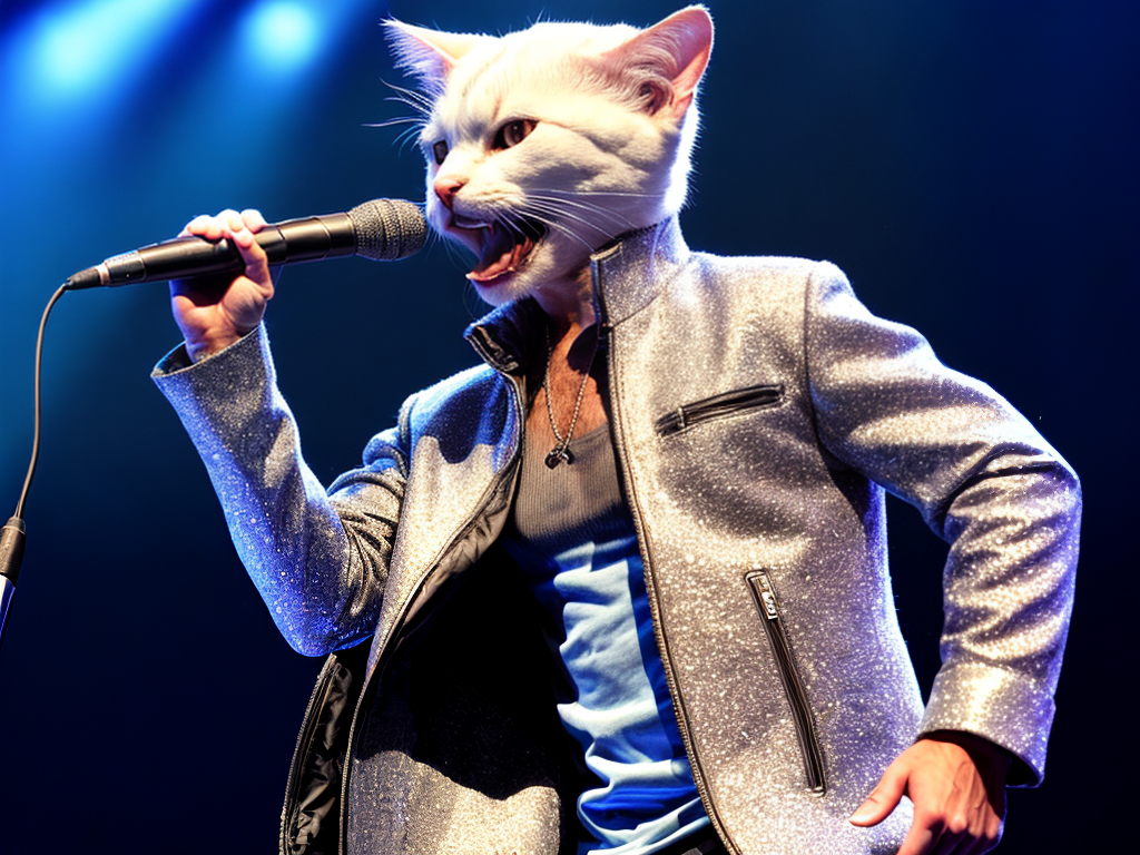 white cat in a shiny jacket singing into a microphone on a stage