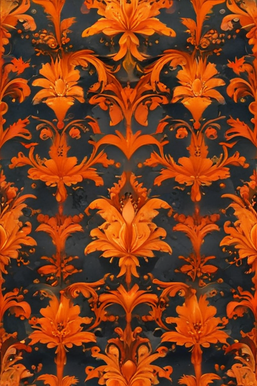 Intricate Floral Pattern in Vibrant Orange Against a Deep Dark Background