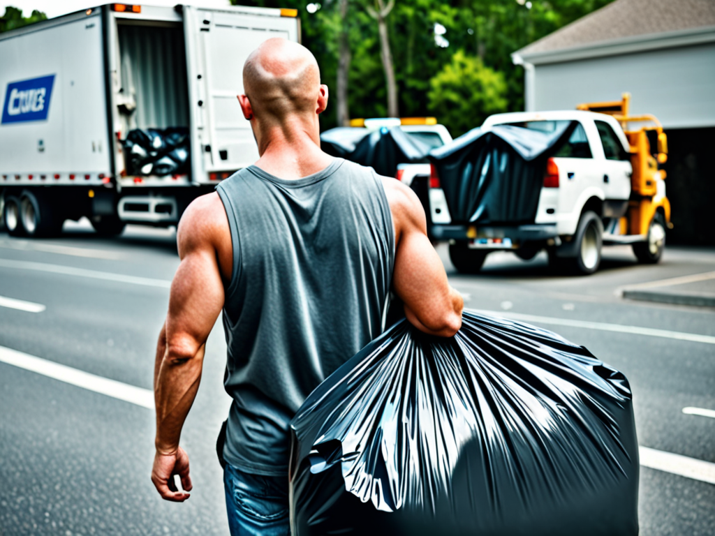 realistic handsome bald muscular garbagemen from behind carrying black ...